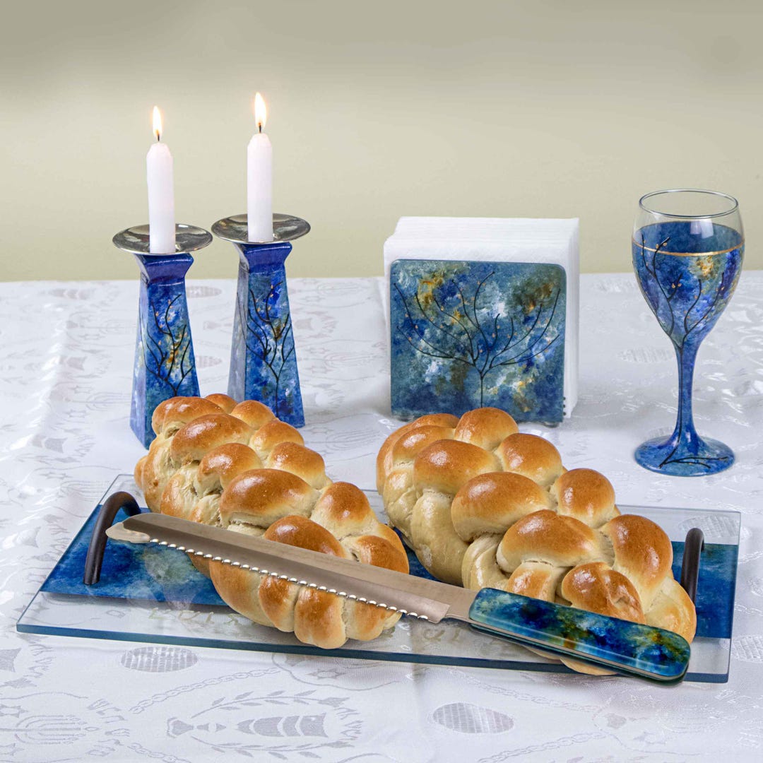Handmade Shabbat Set: Impressionist Challah Board, Knife, Kiddush Cup ...