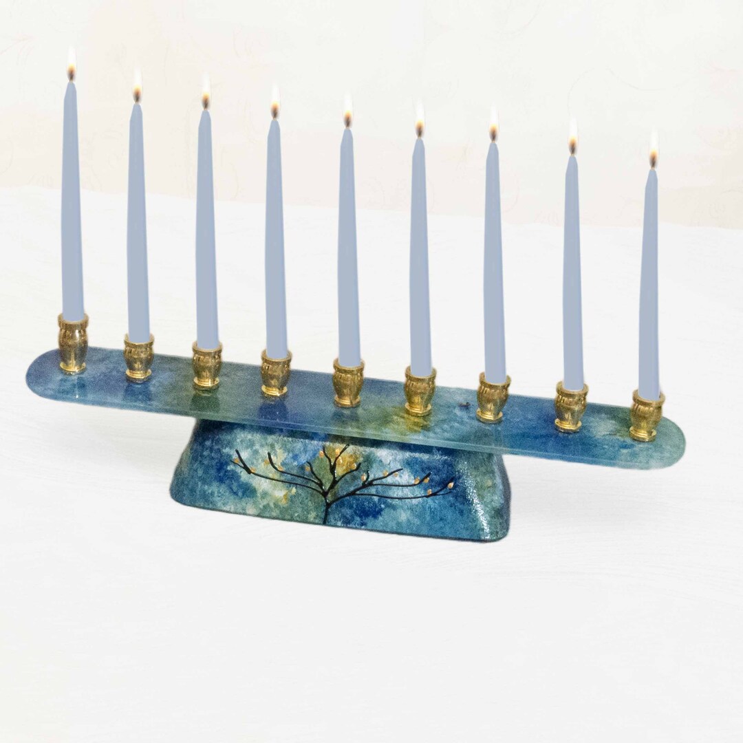 Impressionist Tabernacle Glass Menorah With Tree of Life - in Blue ...