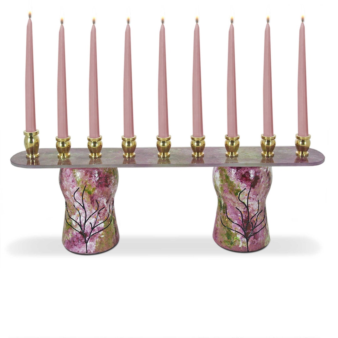 Eco-friendly Glass Tall Menorah Hand Painted in Rose Green and White ...