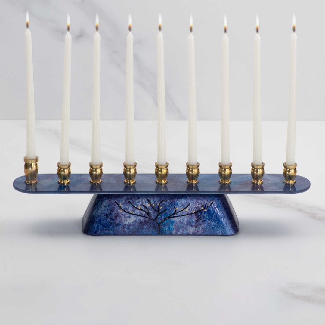 Hand-painted Hanukkah Menorah: Amethyst, Blue & Silver Tree of Life - Etsy