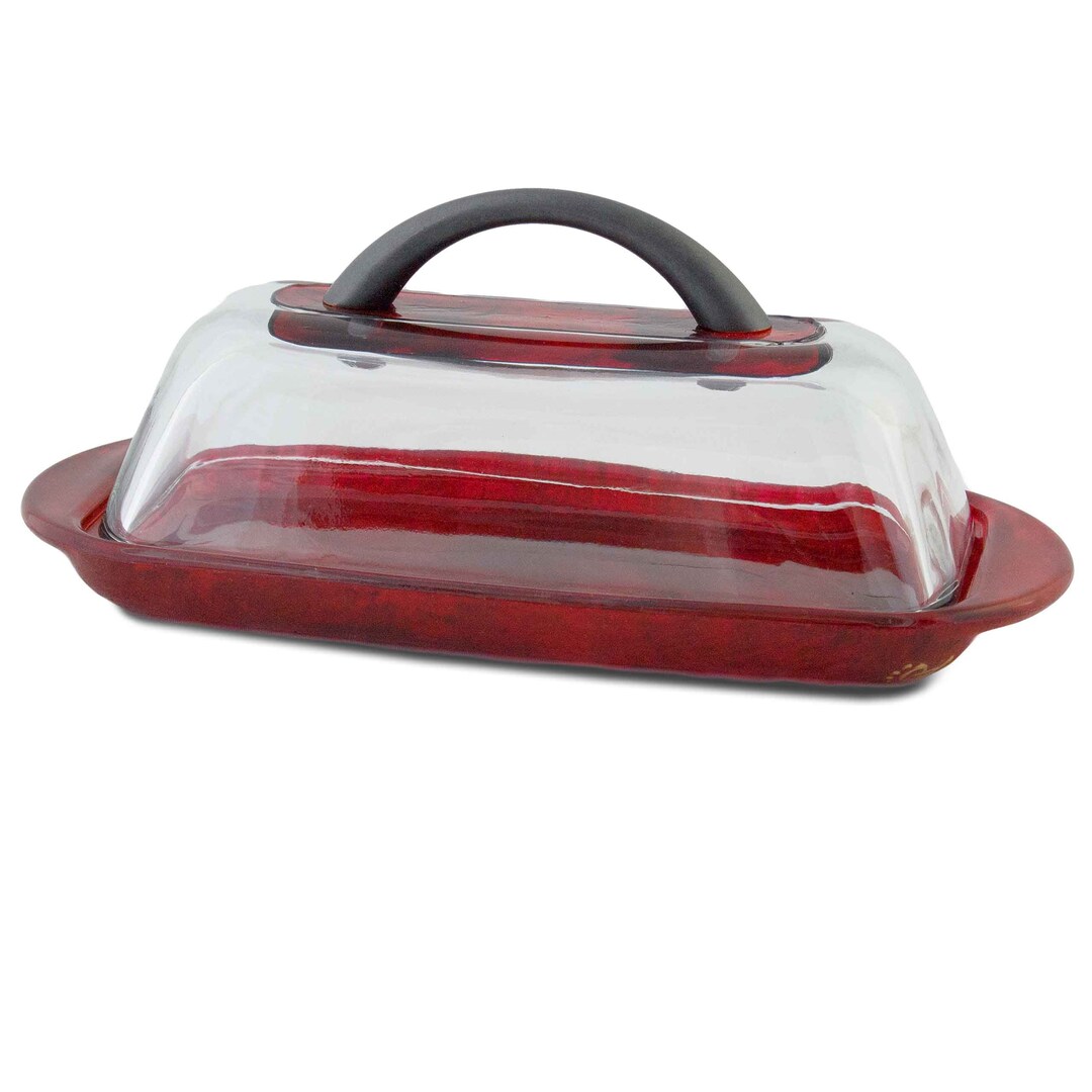 Butter Dish With Cover and Handle Hand Painted in Deep Red Perfect Gift ...