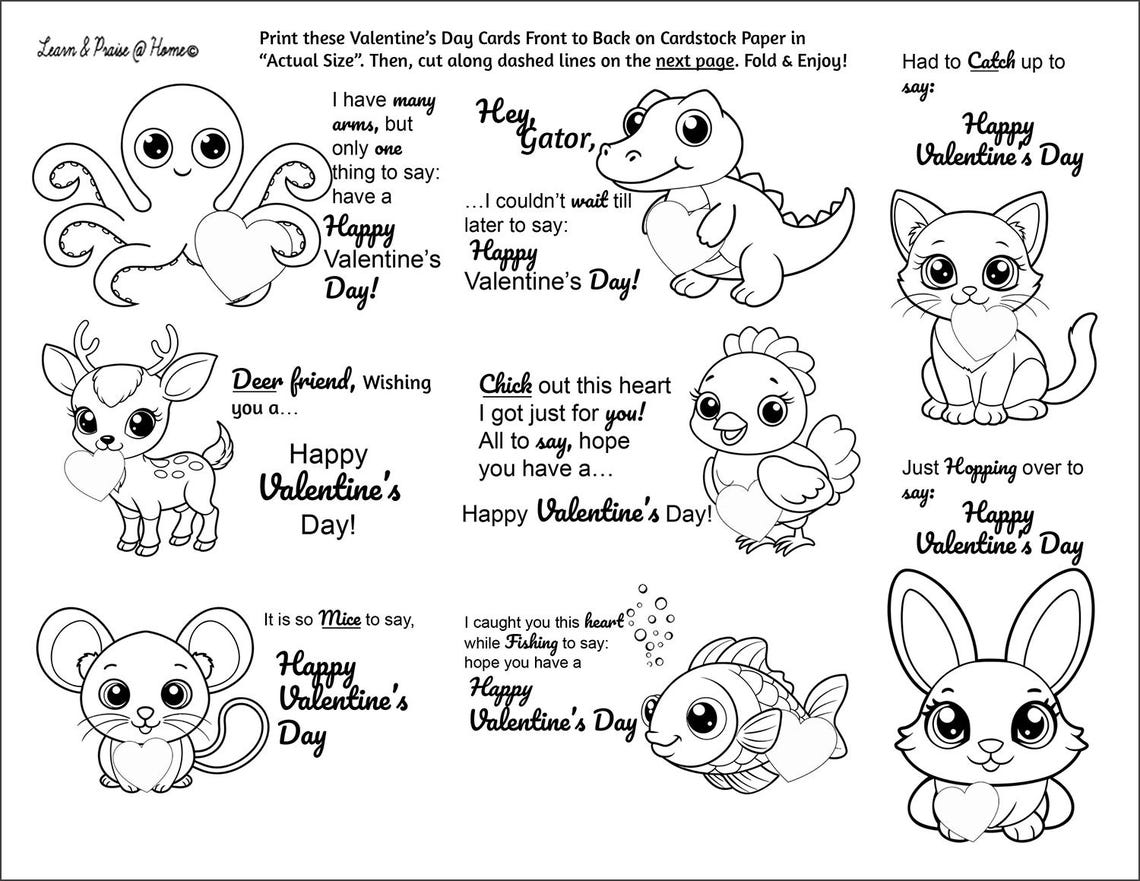 Printable Cute Animal Valentine's Day Cards Double Sided Name-filler ...