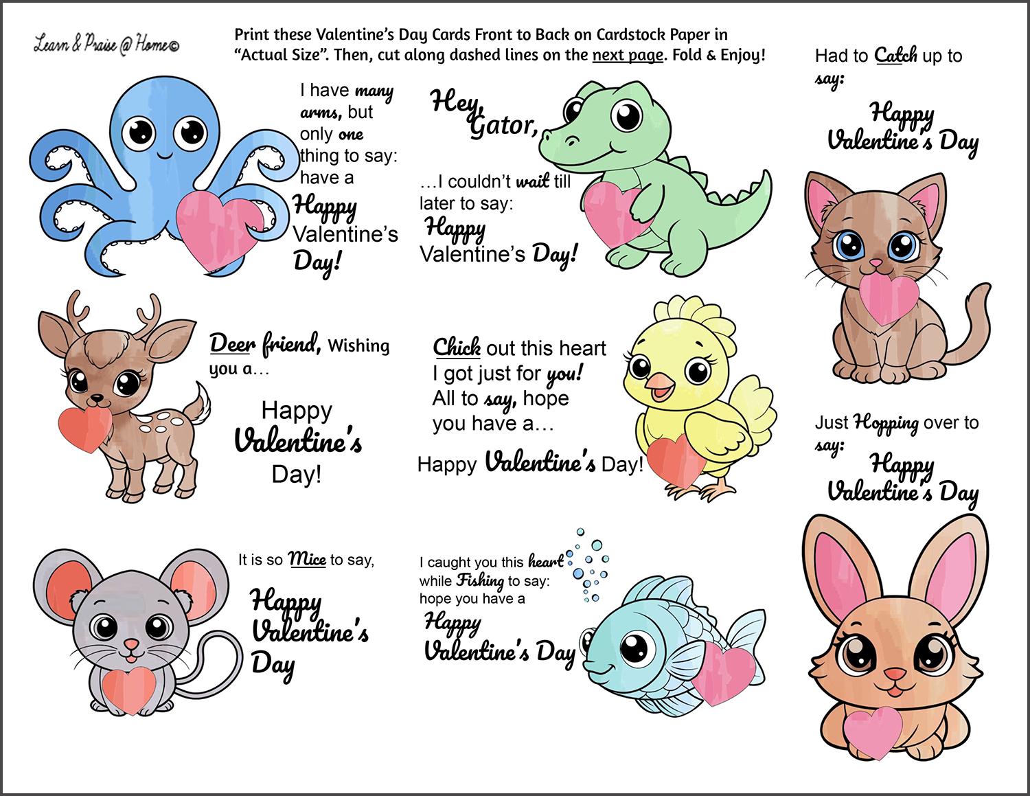 Printable Cute Animal Valentine's Day Cards Double Sided Name-filler ...