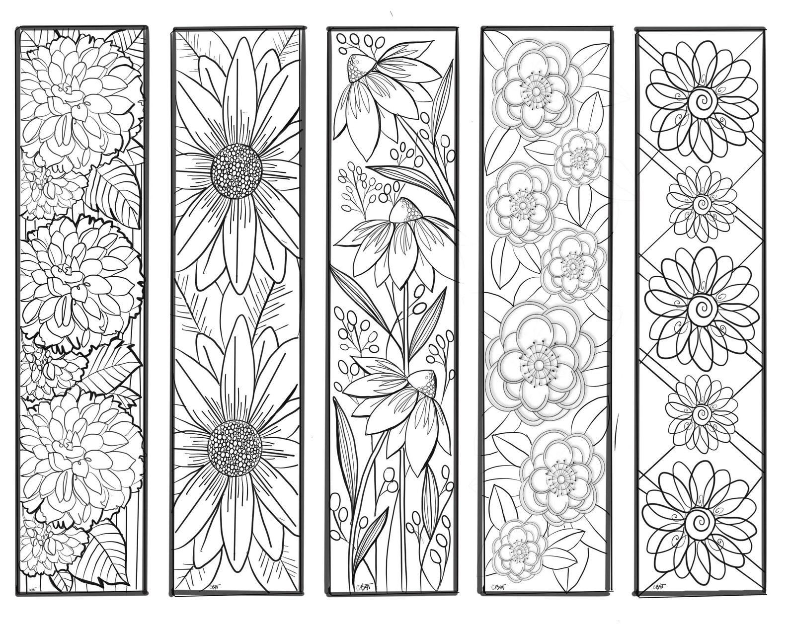 Floral Ready to Color Bookmarks - Dahlia - Coneflower - Sunflower ...