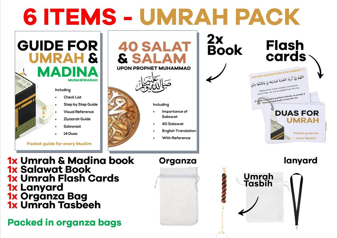 8 ITEMS UMRAH PACK Dua Book Flash Cards & Tawaf Tasbih Umrah Guide Dua ...