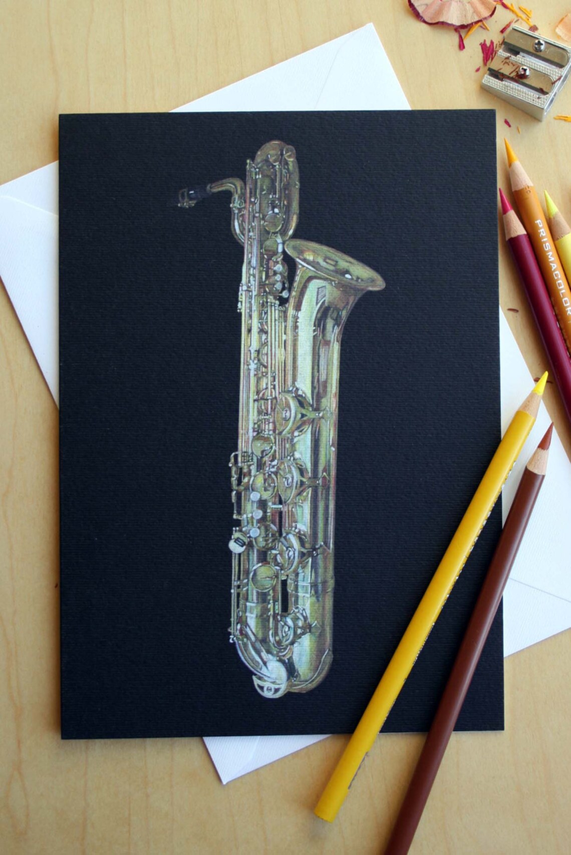 Baritone Saxophone Colour Pencil Drawing Greeting Card, Illustration by ...