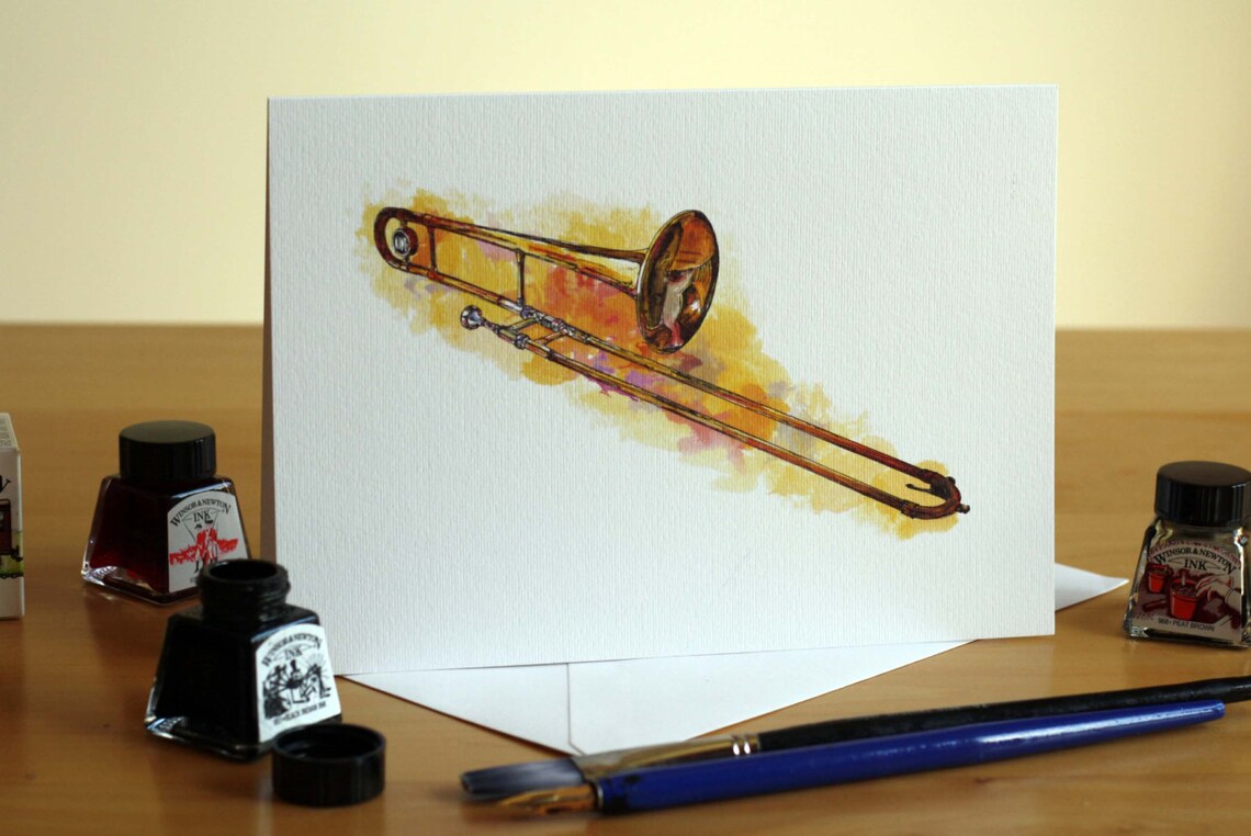 Tenor Trombone Greeting Card Pen and Ink Drawing, Illustration by Steve ...