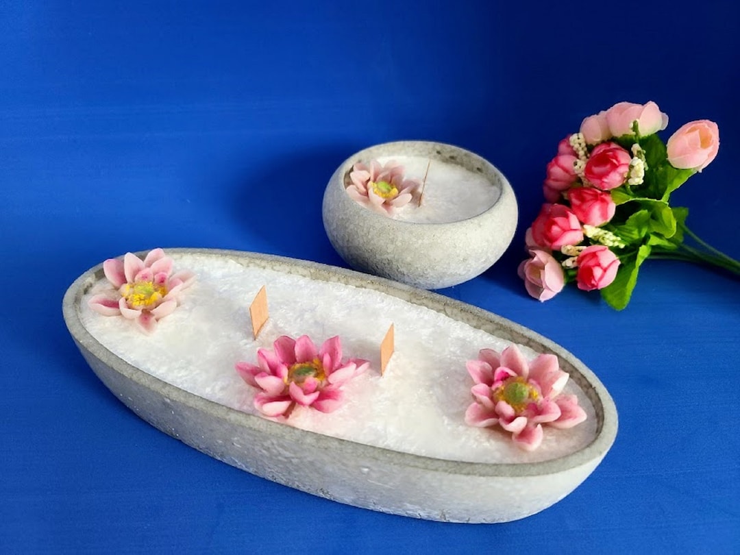 Large Ice Wax Candles in Handmaid Concrete Vase. Water Lilies in Ice ...