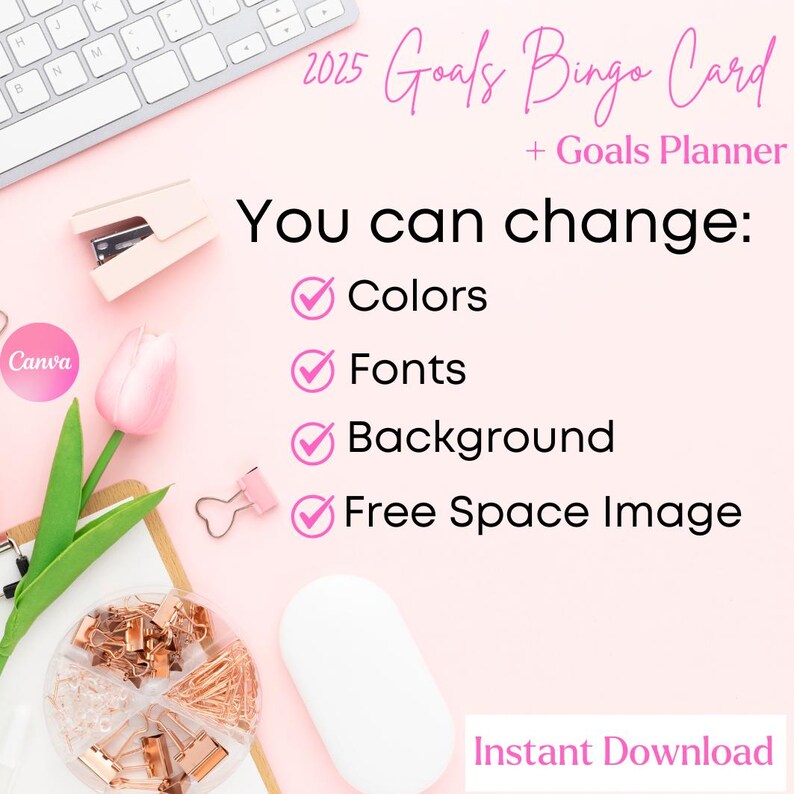 2025 Pink Bingo Goals Card Bingo Card Goal Planner New Year Resolution ...