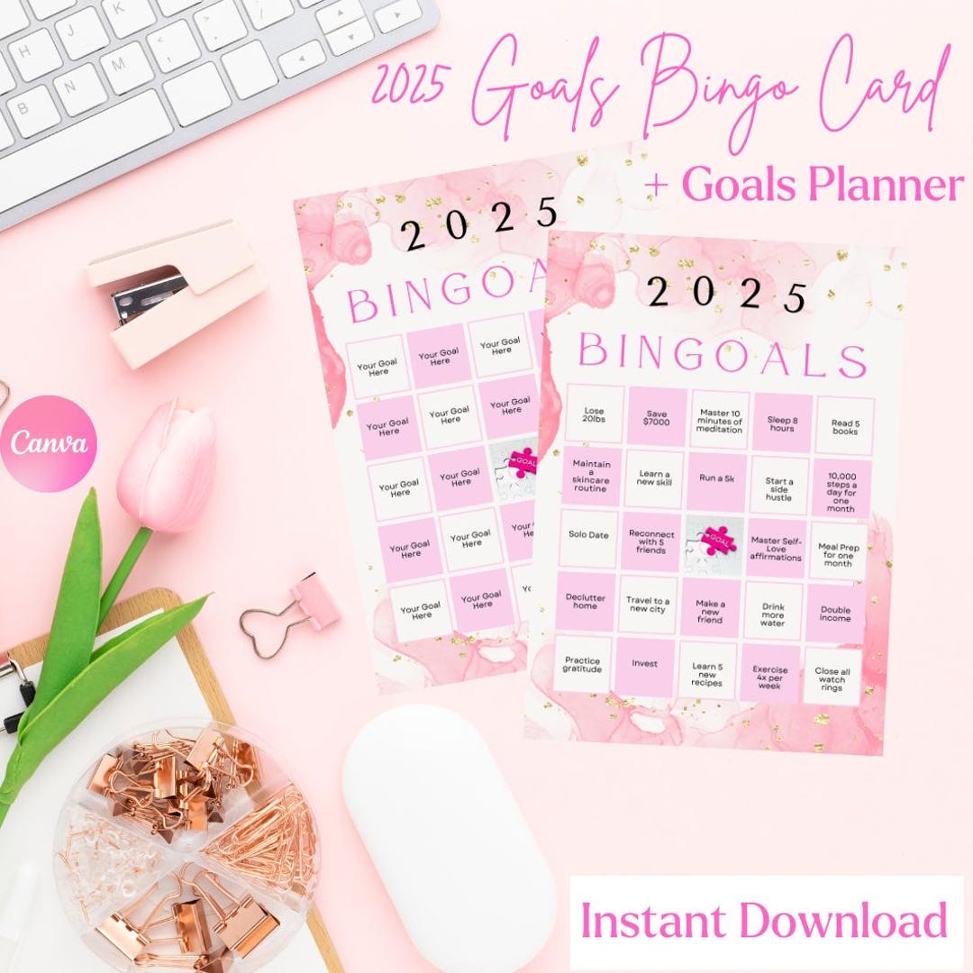 2025 Pink Bingo Goals Card Bingo Card Goal Planner New Year Resolution ...