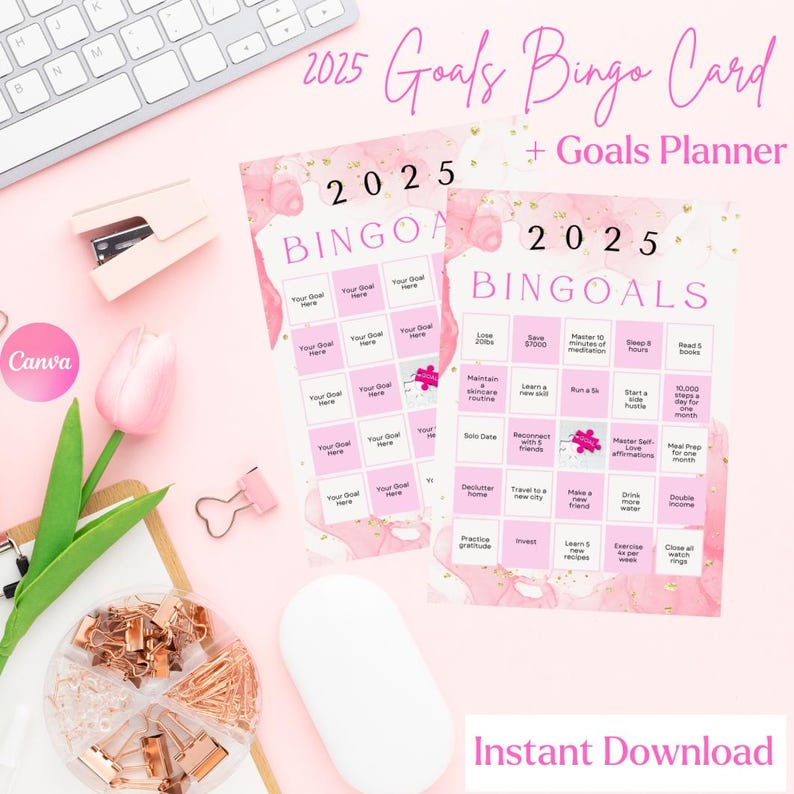 2025 Pink Bingo Goals Card Bingo Card Goal Planner New Year Resolution ...