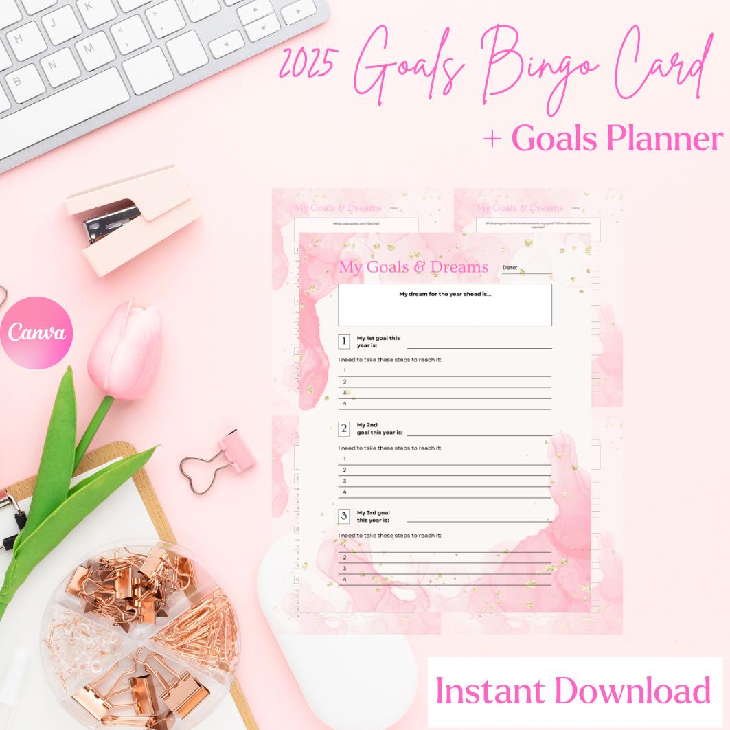 2025 Pink Bingo Goals Card Bingo Card Goal Planner New Year Resolution ...