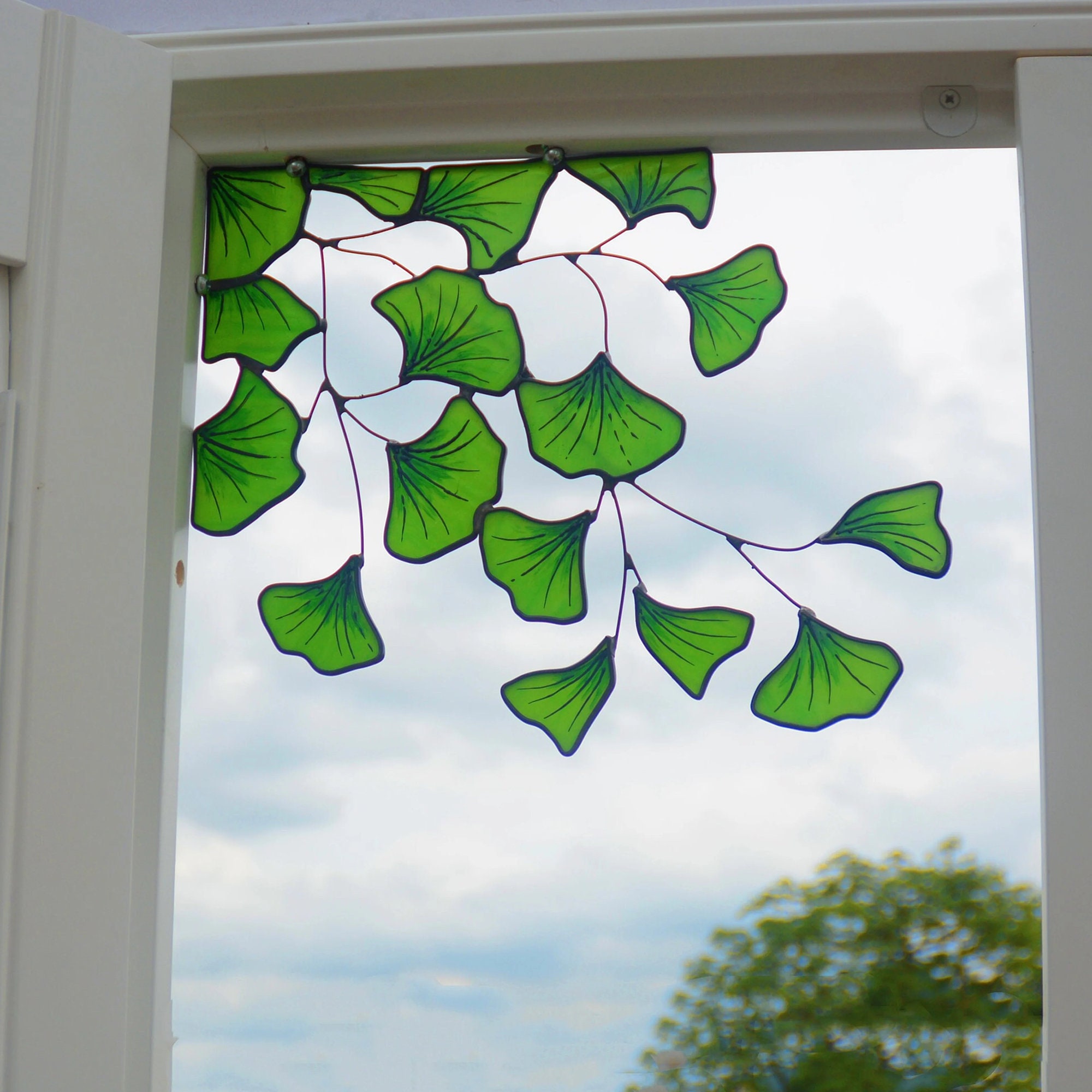 Ginkgo Leaves Stained Glass Window Corner Decor, Green Biloba Leaf ...