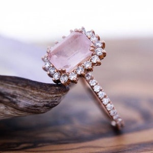 2.00ct Emerald Cut Pink Quartz, Rose Gold Diamond Halo Engagement Ring ...