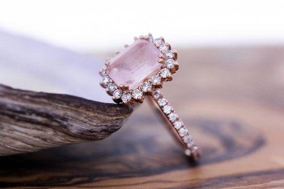 2.00ct Emerald Cut Pink Quartz, Rose Gold Diamond Halo Engagement Ring ...