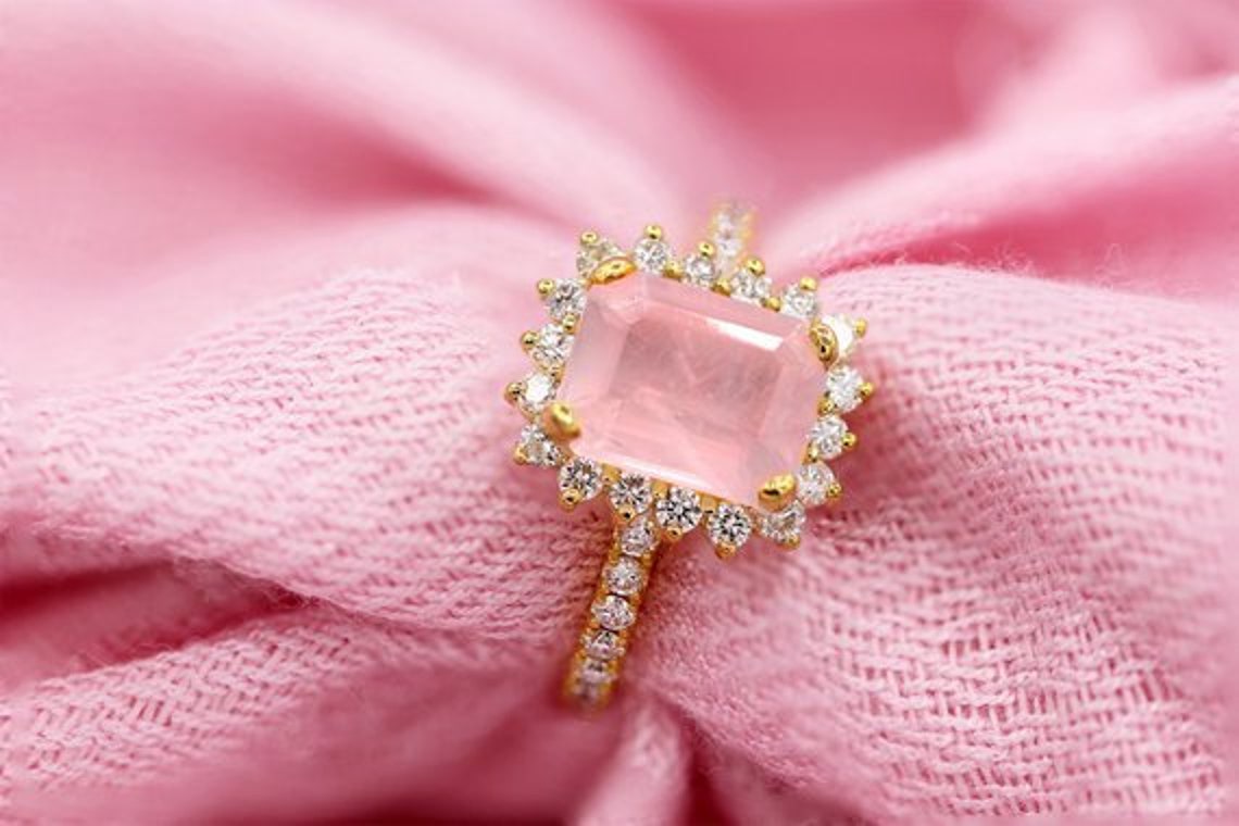 2.00ct Emerald Cut Pink Quartz, Rose Gold Diamond Halo Engagement Ring ...