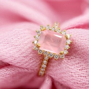 2.00ct Emerald Cut Pink Quartz, Rose Gold Diamond Halo Engagement Ring ...