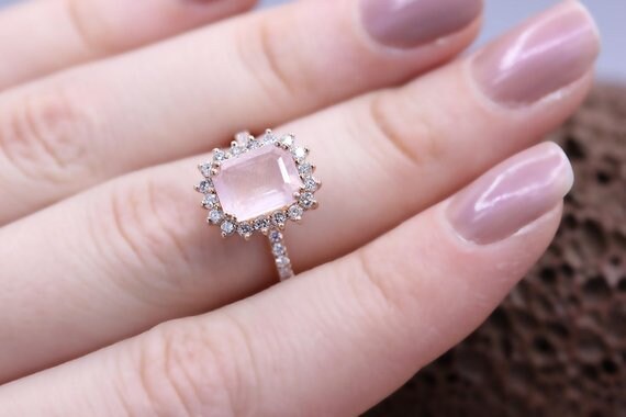 2.00ct Emerald Cut Pink Quartz, Rose Gold Diamond Halo Engagement Ring ...