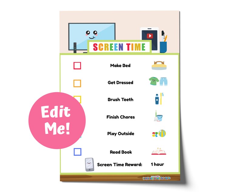 Screen Time Chart, Responsibility Chart, Technology Tracker Printable ...