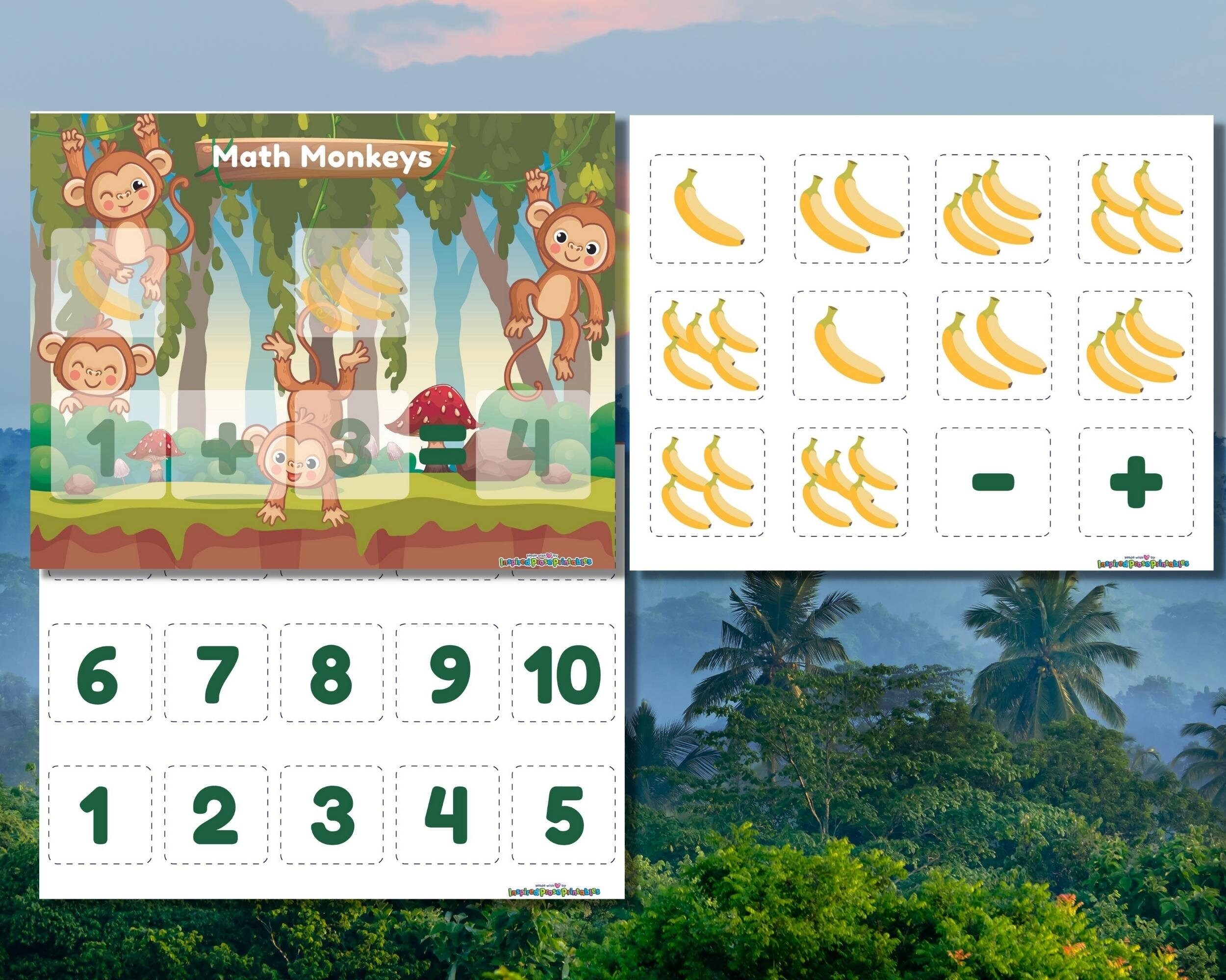 Hoja de trabajo de suma y resta de monos para matemáticas de jardín de ...