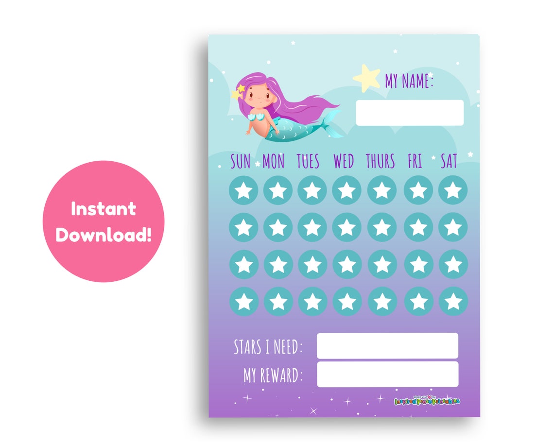 Mermaid Sticker Reward Chart Printable, Behavior Chart for Kids, Also ...