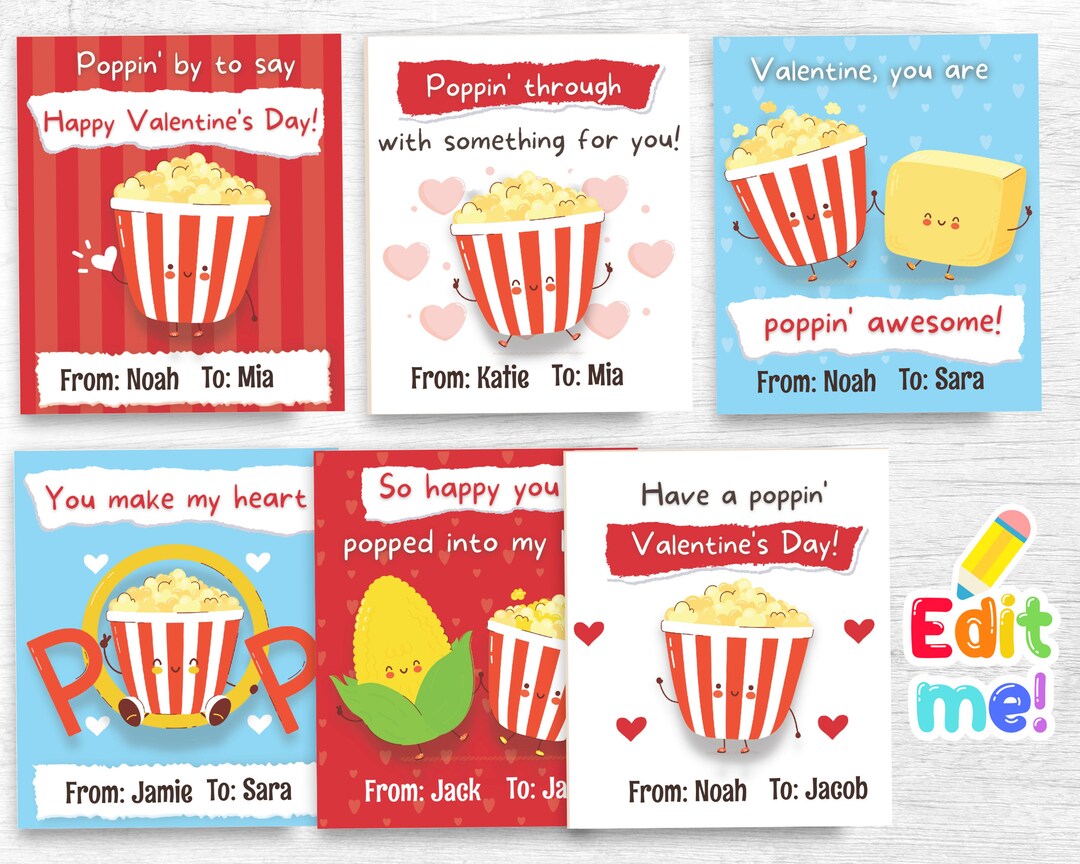 Popcorn Printable Valentines Day Card for Kids, Treat Bags and ...