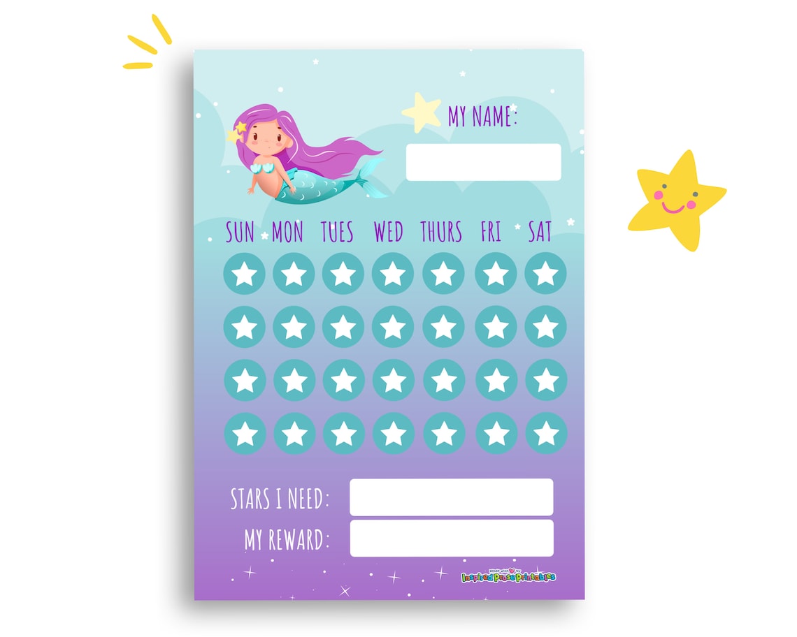 Mermaid Sticker Reward Chart Printable, Behavior Chart for Kids, Also ...