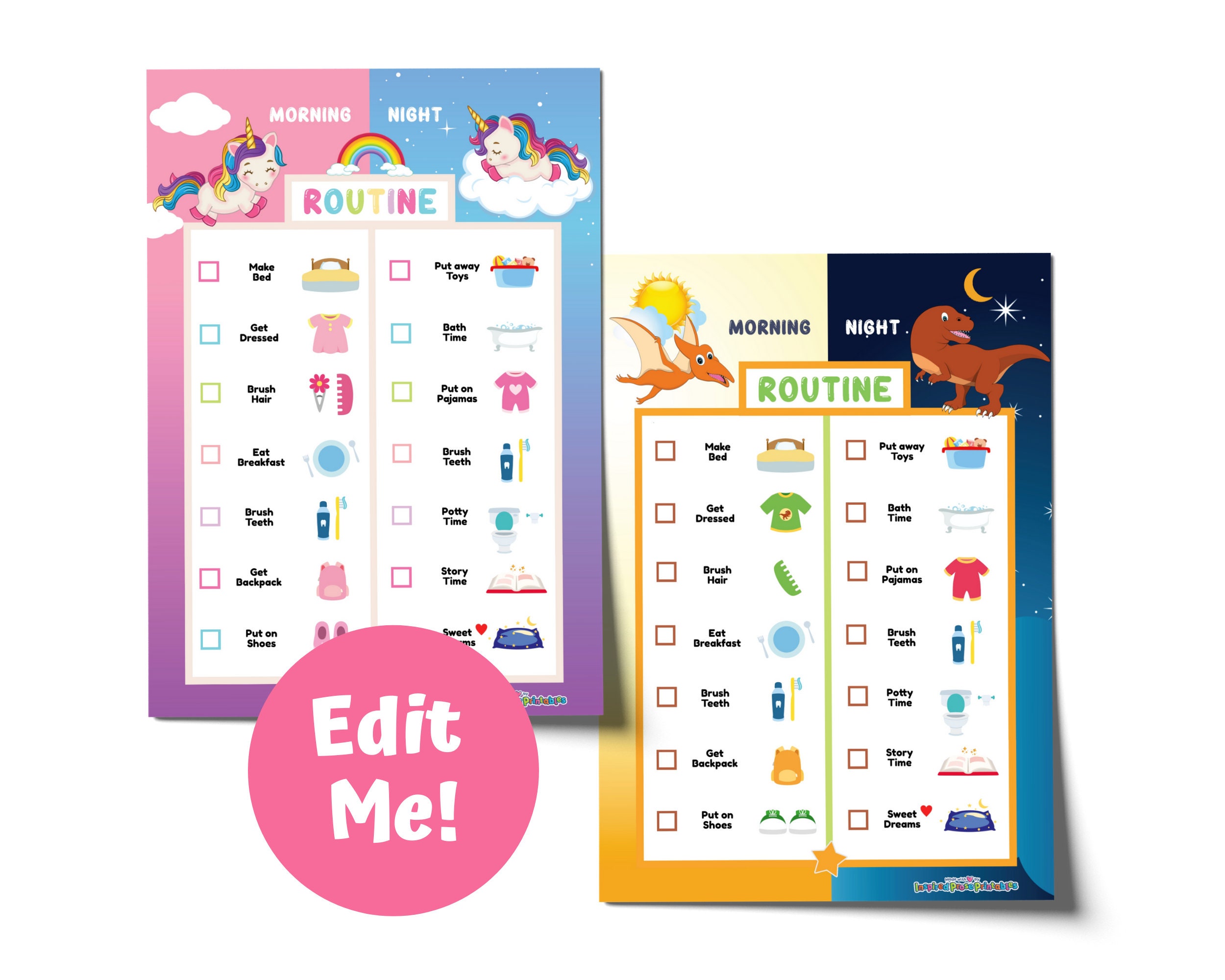 Bedtime Chart Unicorn Dinosaur Editable Morning Checklist Routine Chart ...