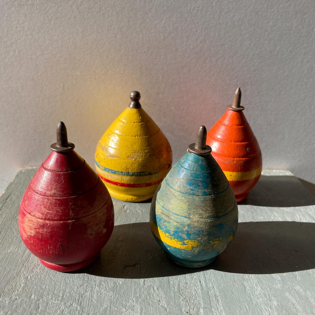 4 Vintage Wooden Spinning Tops C1950, Toy Tops, Spinners, Country Decor ...