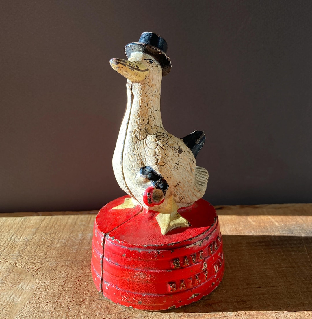 Vintage Hubley Cast Iron Coin Bank, Scarce Rainy Day Duck With Umbrella ...