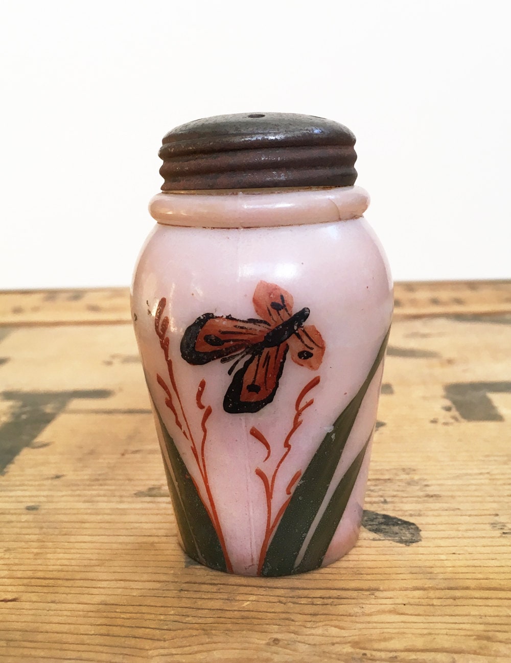 Victorian Milk Glass Muffineer or Shaker, Hand-painted With Butterfly ...