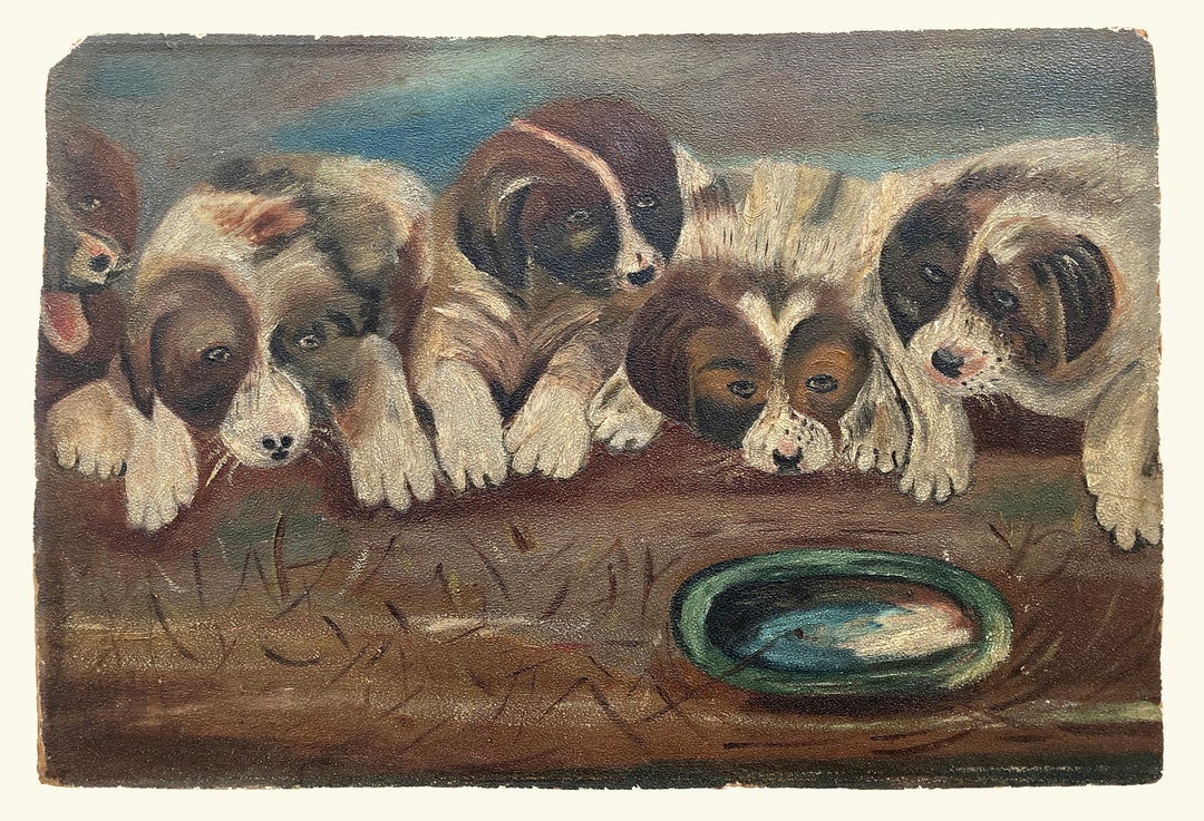 Antique Folk Art Painting of Five Puppies, Original Oil on Artist Board ...