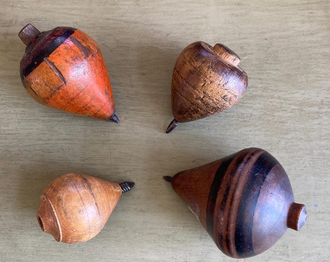4 Vintage Wooden Spinning Tops, Toy Tops, Country Decor, Rustic ...