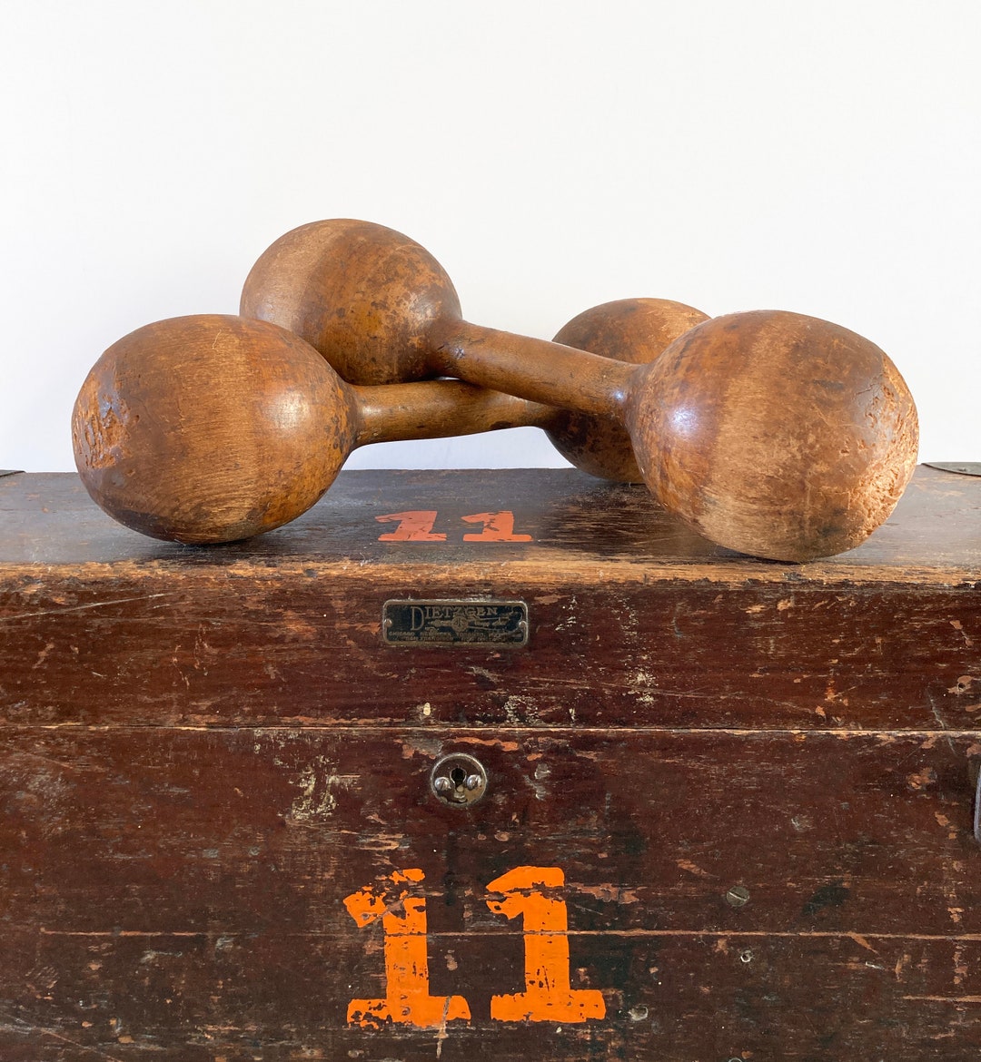 Pair of Large Antique Wood Dumbbells, Exercise Barbells With Great ...