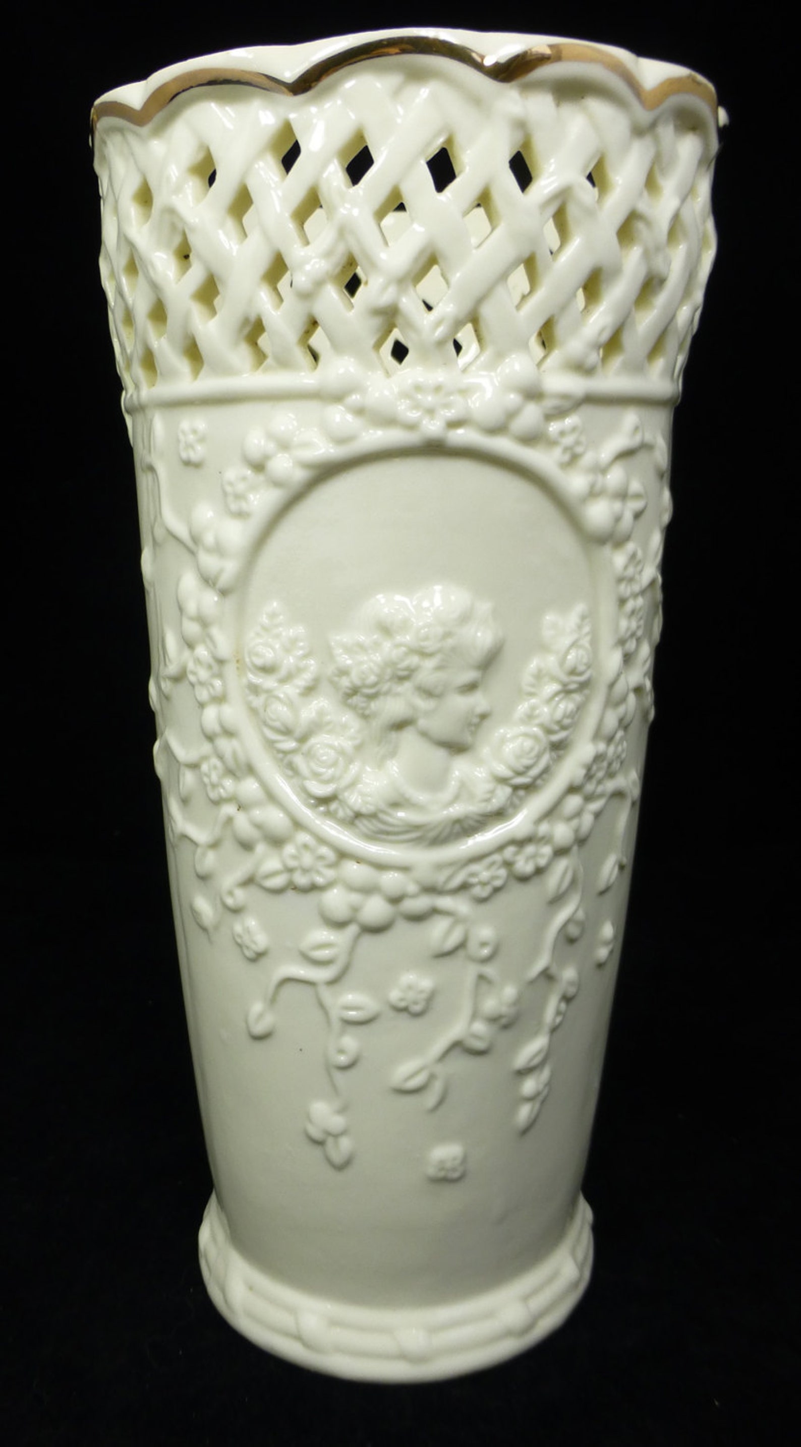 Lenox Style Cream Floral Embossed Large Ceramic Vase - Medallion With ...