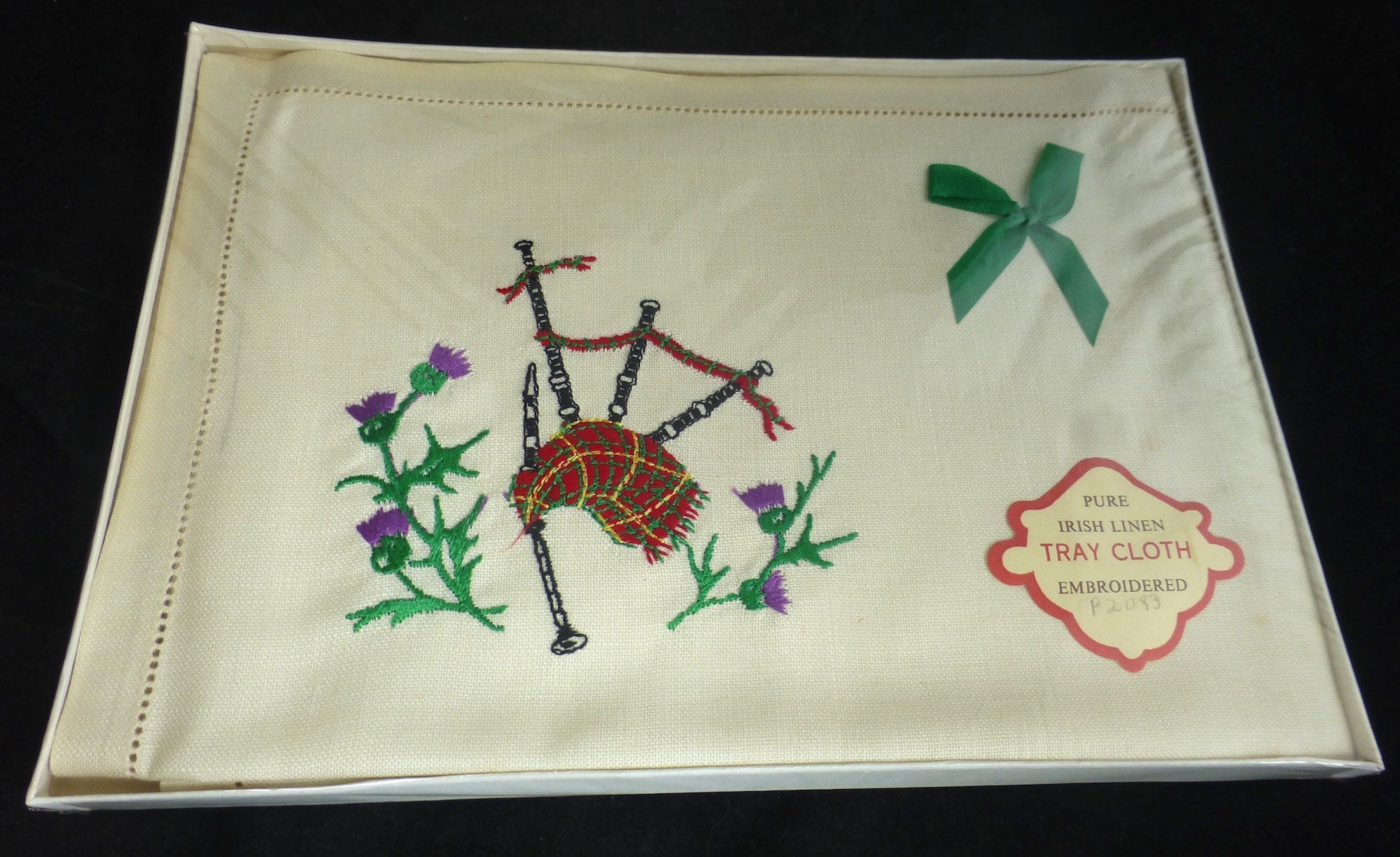 Vintage Irish Linen Tray Cloth With Hand Embroidered Scottish Bagpipes ...