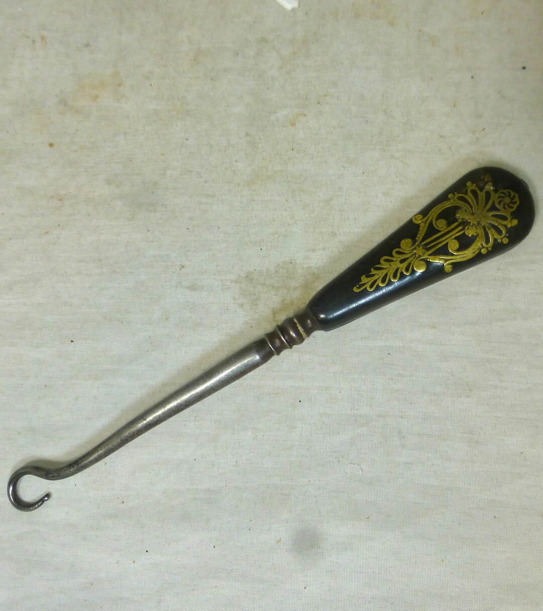 Antique Rare Black Ebony and Steel 5.5 Inch Button Hook / Boot Lace ...