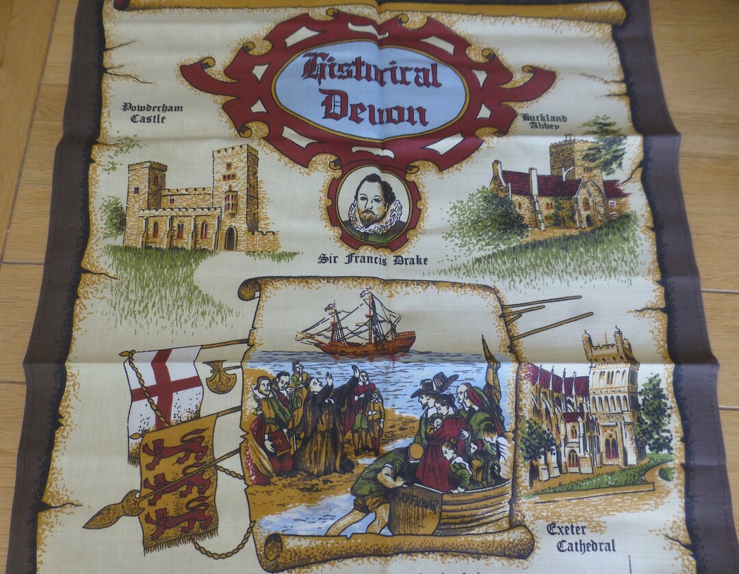 Historical Devon Souvenir Vintage Cotton Tea Towel / Kitchen Towel ...