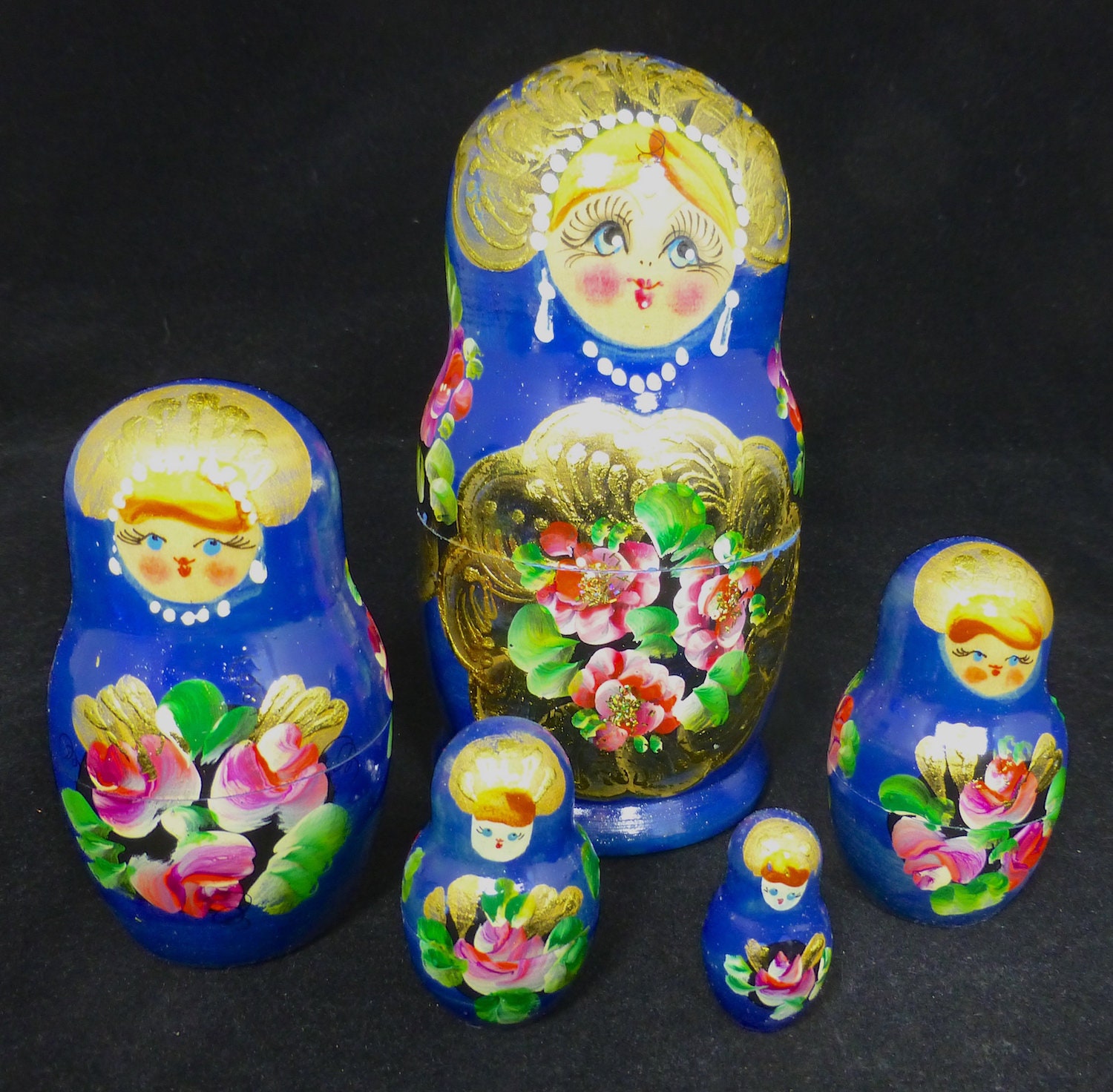 Art & Collectibles Vintage Stacking Russian Tea Doll Navy Blue Floral ...