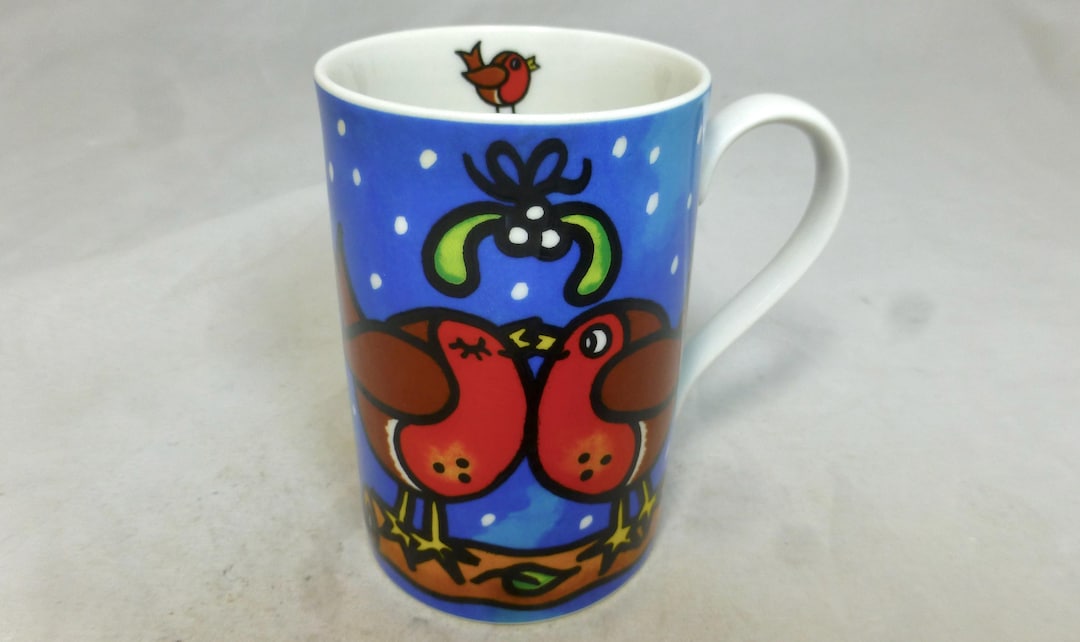 Dunoon Festive Fun Mug With Kissing Robins and Yellow Cat in Red Santa ...