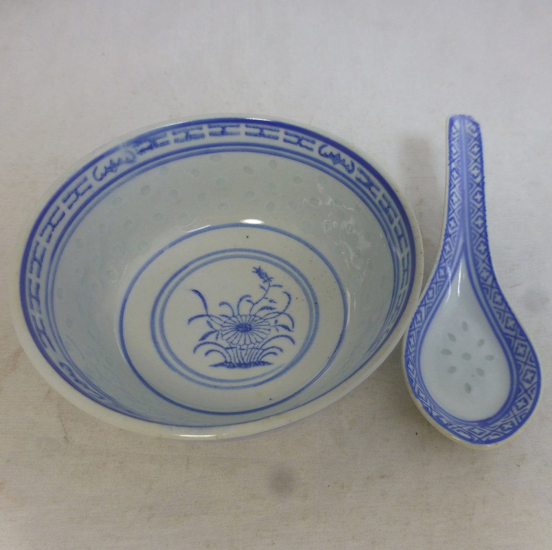 Tienshan Chinese Blue and White Rice Grain Pattern Porcelain Duo Set ...