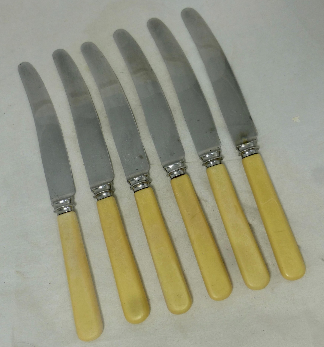 Vintage Set of 6 Sheffield England Firth Stainless Steel Dinner Table Knives With Ivorine ...