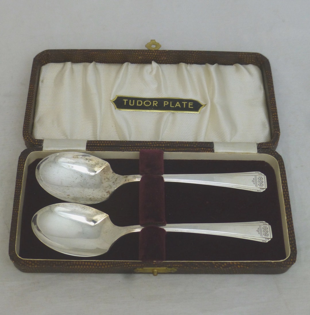 Vintage Cased 2 Piece Tudor Silver Plate Jam / Dessert Serving Spoons ...