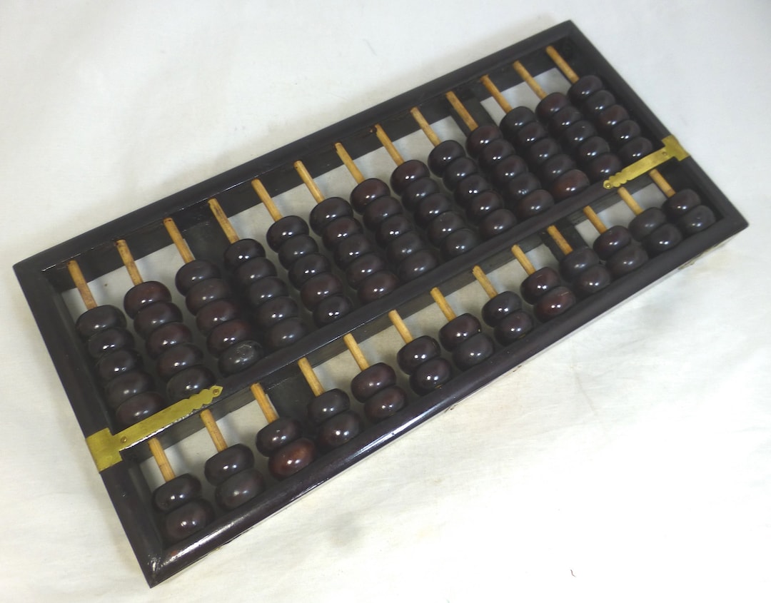 Vintage Chinese Black Wood Abacus 13 Bamboo Rods 91 Carved Wooden Beads ...