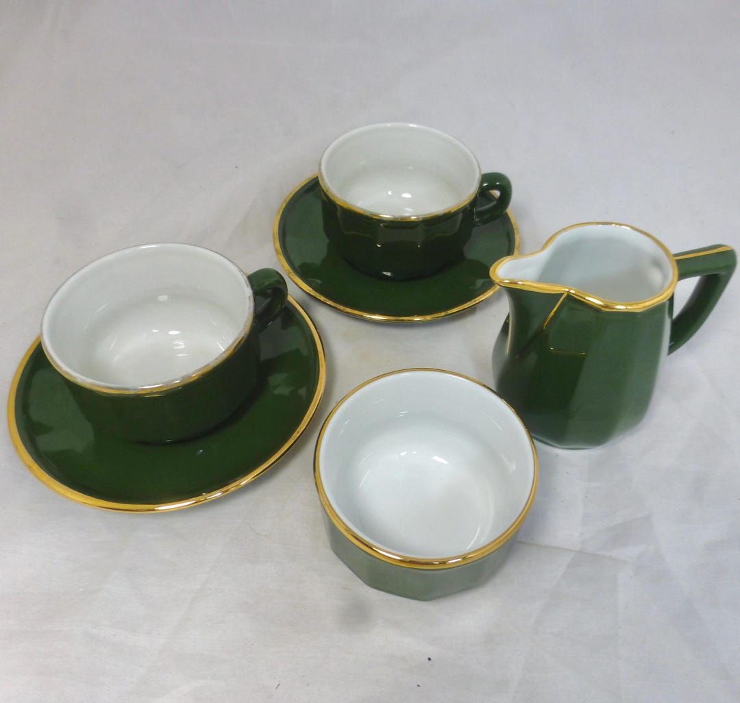 Vintage French Apilco Pottery Bistro Green Gold Porcelain Tea Set With ...