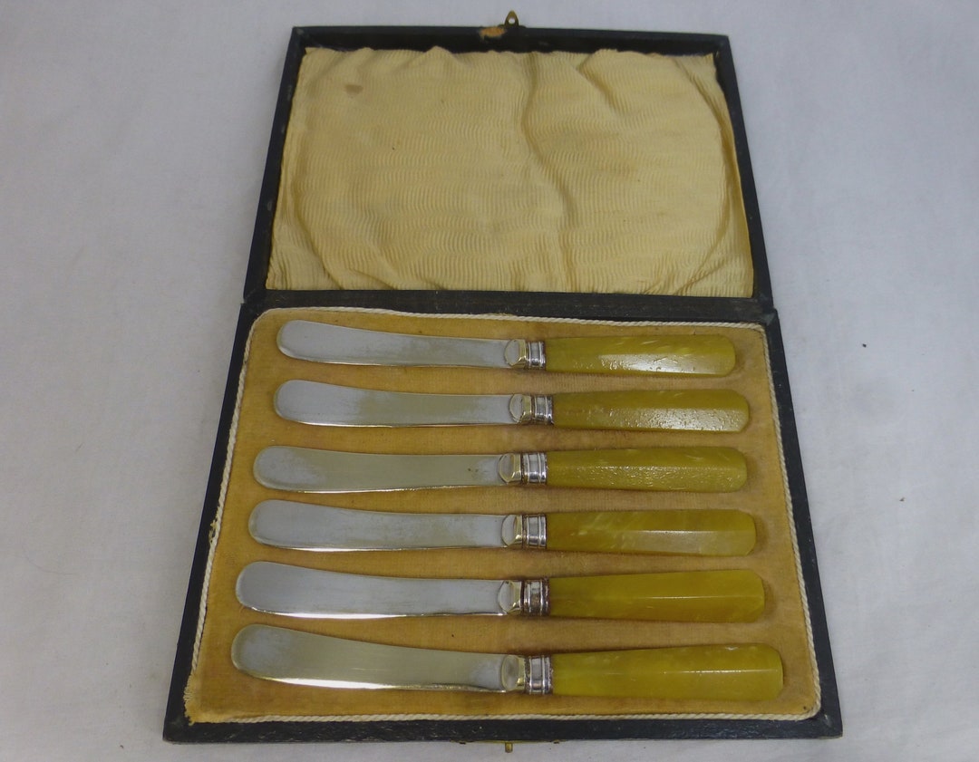 Art Deco Silver Plated Set of 6 Vintage Butter Tea Knives With Yellow ...