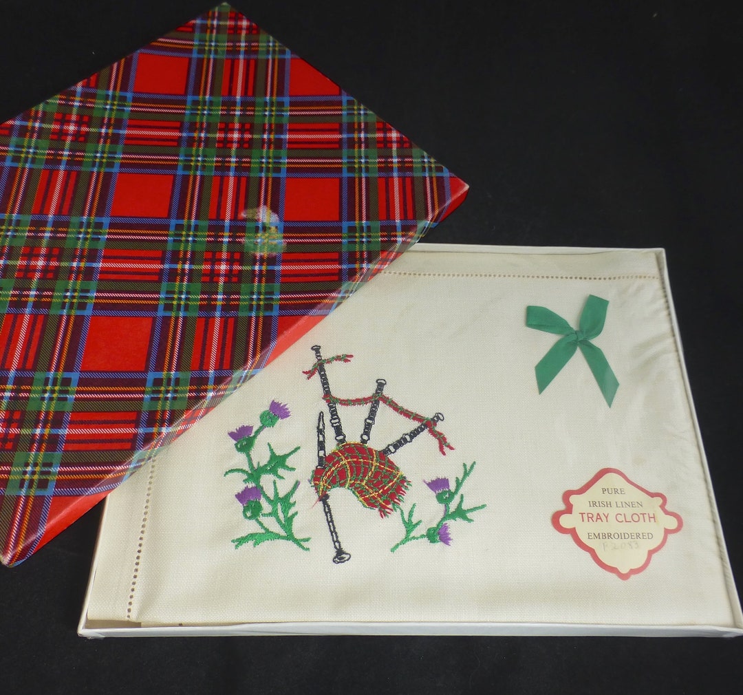 Vintage Irish Linen Tray Cloth With Hand Embroidered Scottish Bagpipes ...