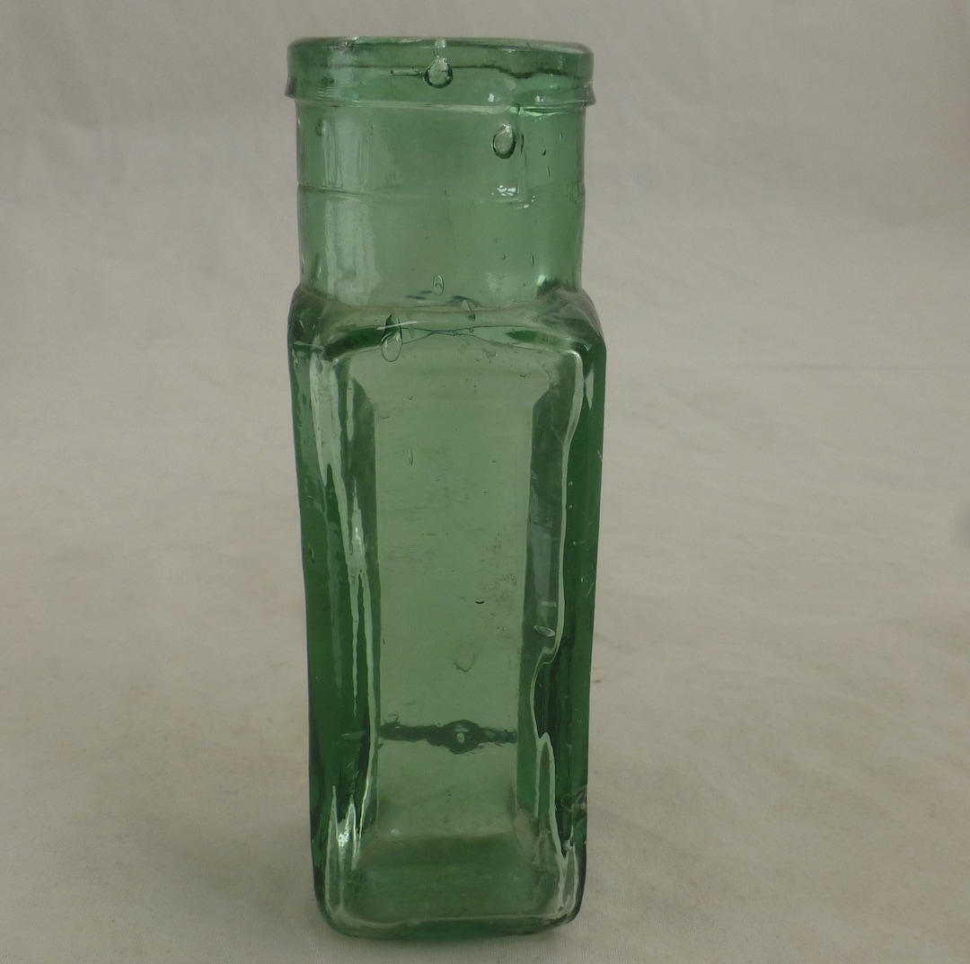 Antique Green Glass Apothecary Bottle - Square With Large Rim 4.25 Inch ...