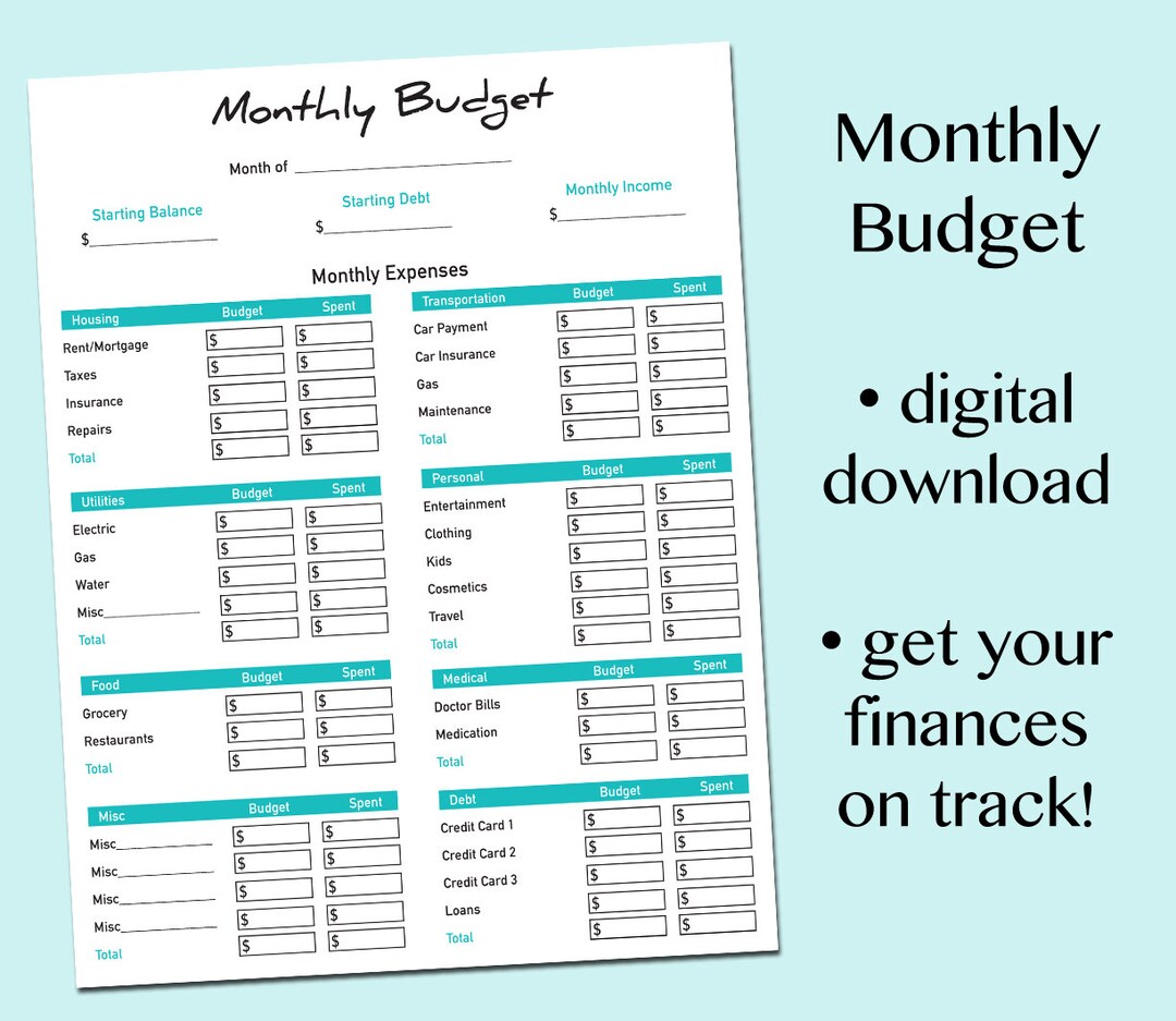 Monthly Budget | Digital Download | Finance Sheet | Planner Insert - Etsy