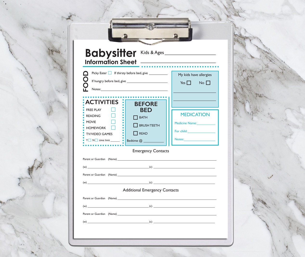 Babysitter Information Sheet | Printable | Instant Download - Etsy